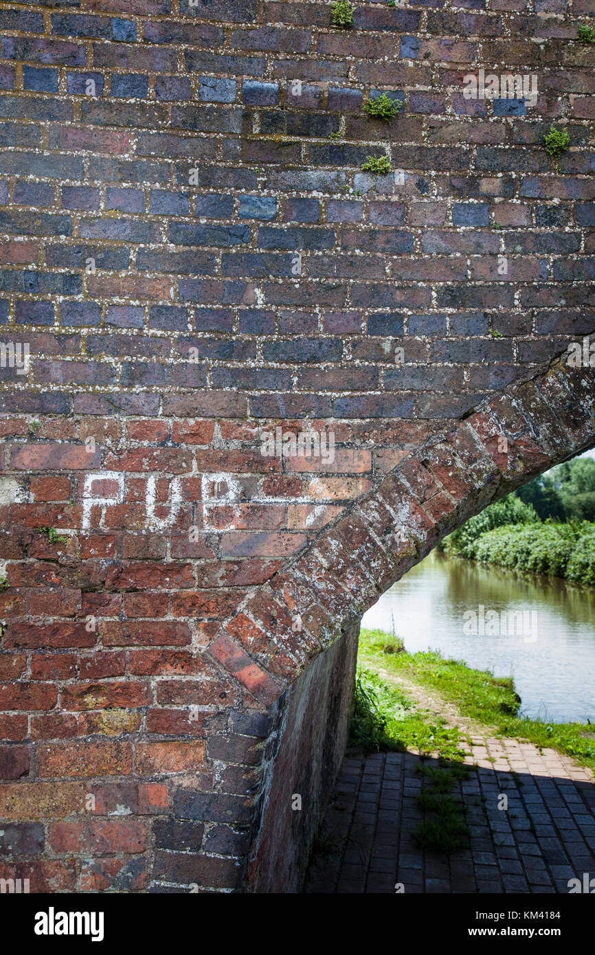 Hand painted sign for the nearest pub painted on the wall of a canal ...