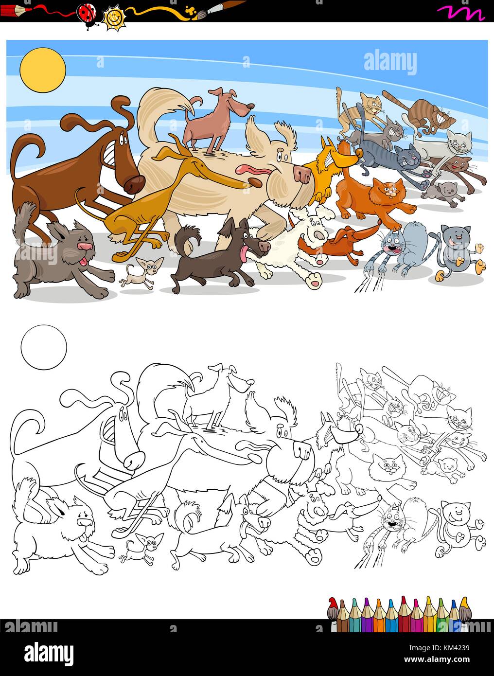 Cartoon Illustration of Running Cats and Dogs Animal Characters Group ...