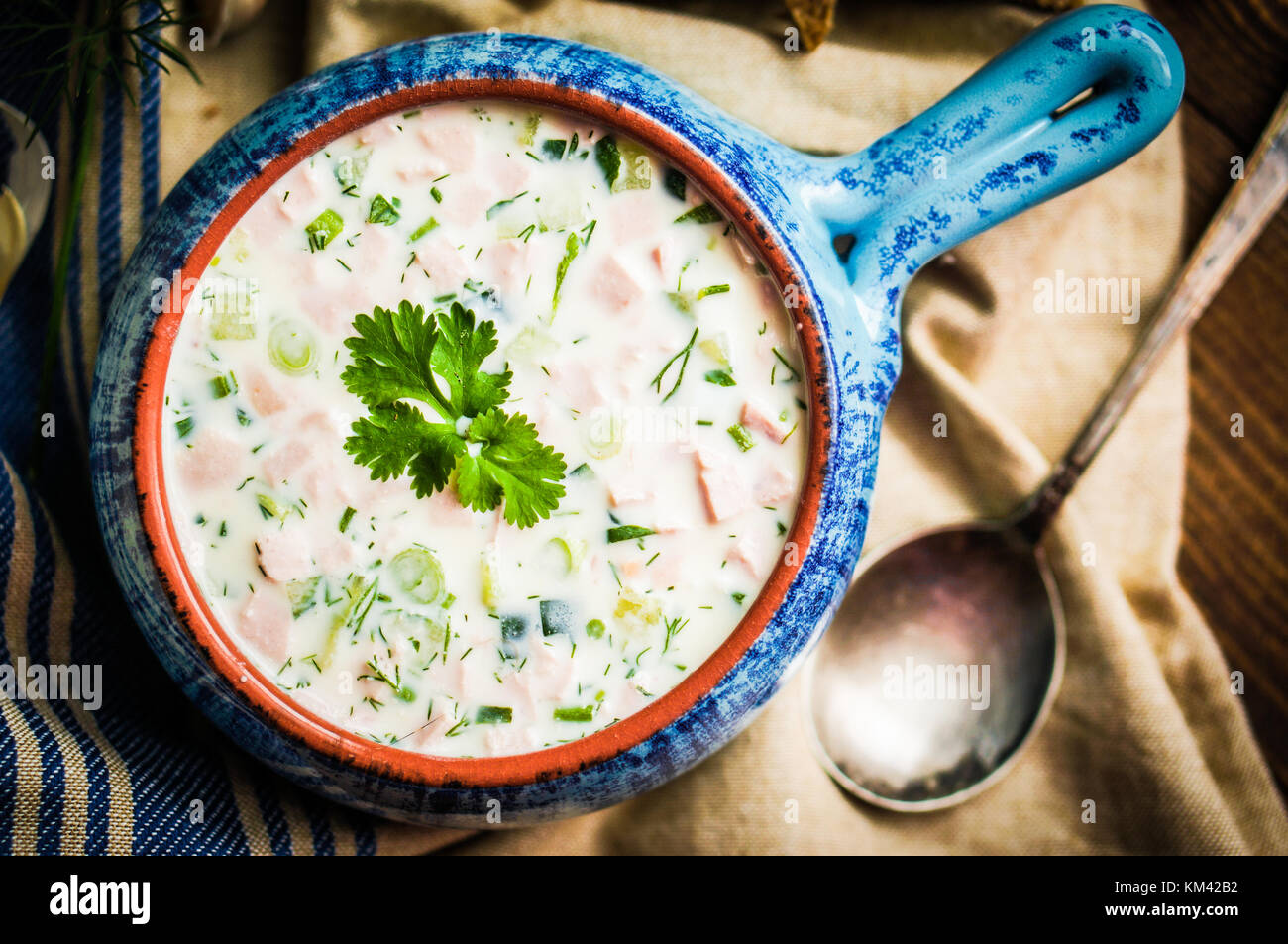 Cold Summer Soup On Rustic Background Stock Photo - Alamy