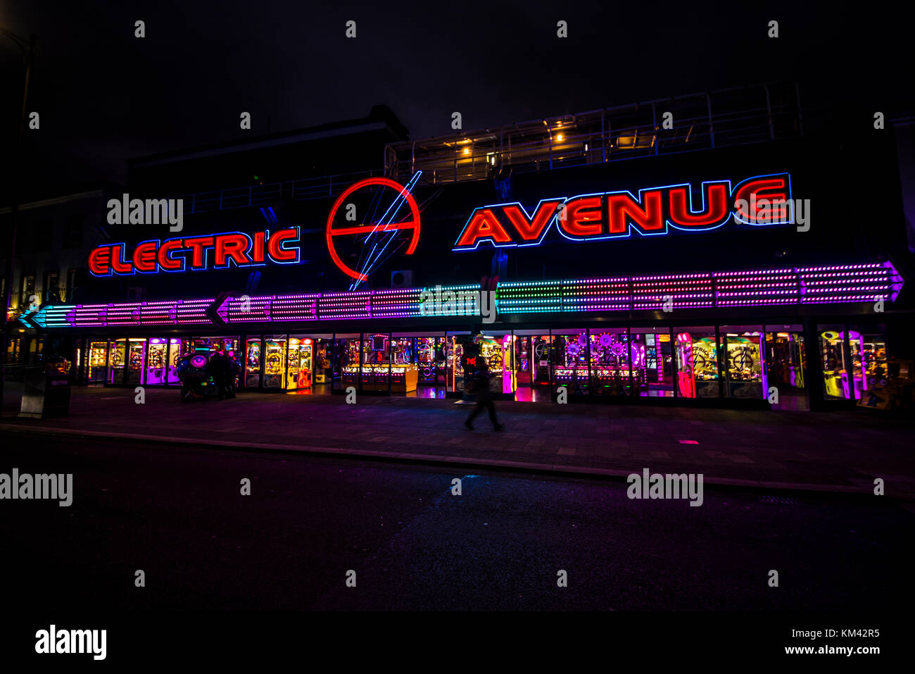 Southend on Sea seafront lights and amusement arcade at night. Electric ...