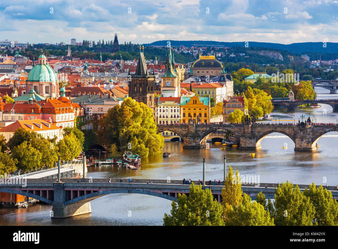 Scenic view on Vltava river and historical center of Prague,buildings ...