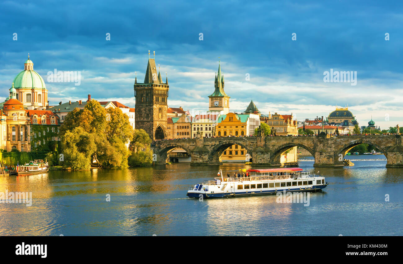 Scenic view on Vltava river and historical center of Prague,buildings ...