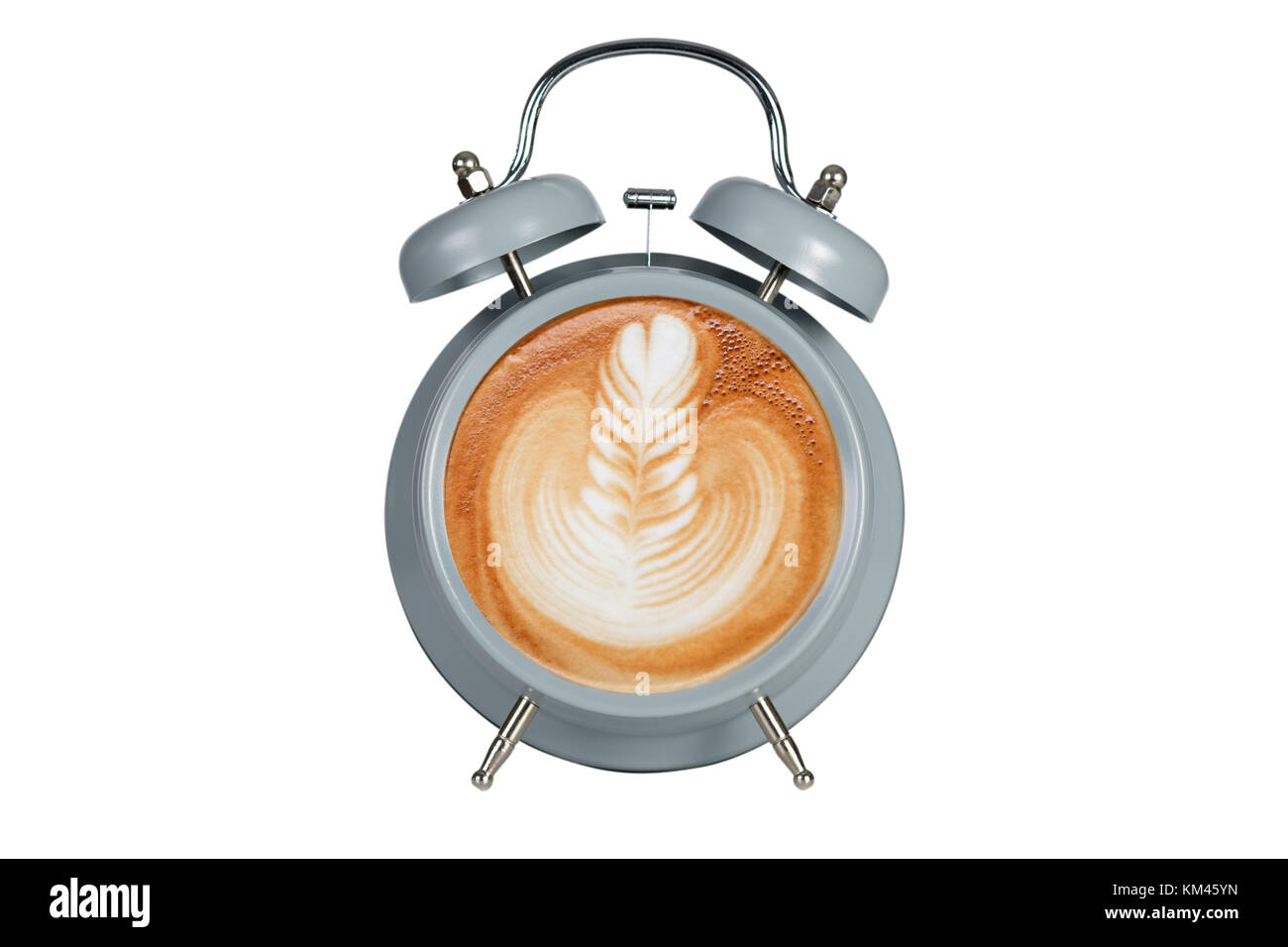 Hot coffee with frothy foam in blue alarmclock design is Coffee Time ...
