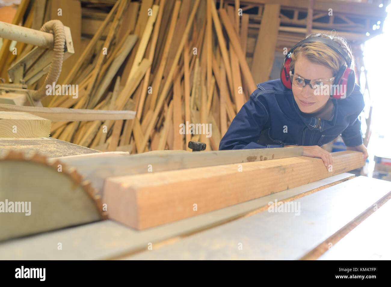 beautiful young woman inspecting wood in a workshop Stock Photo - Alamy