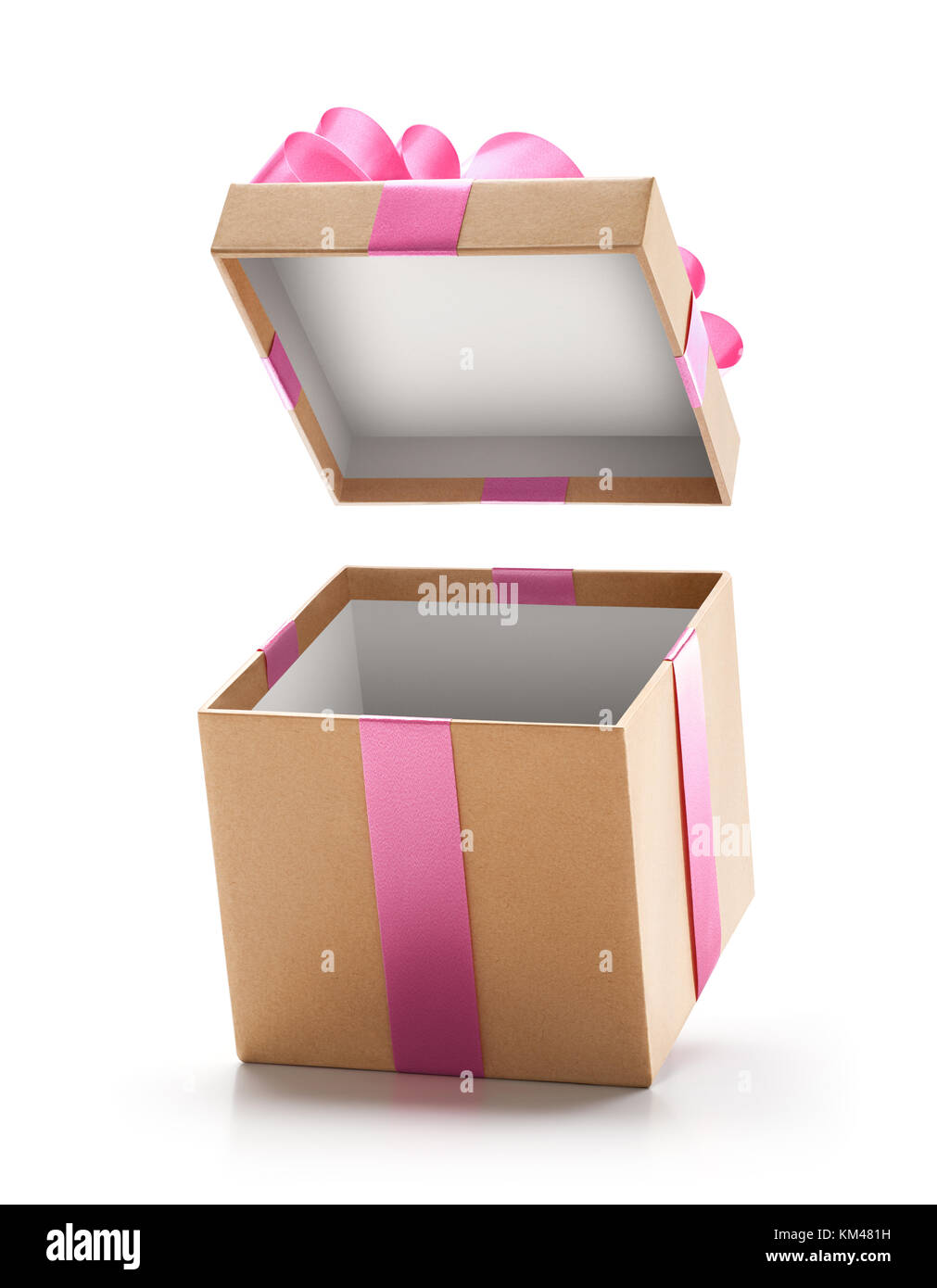 Brown open gift box with pink bow isolated on white background Stock ...