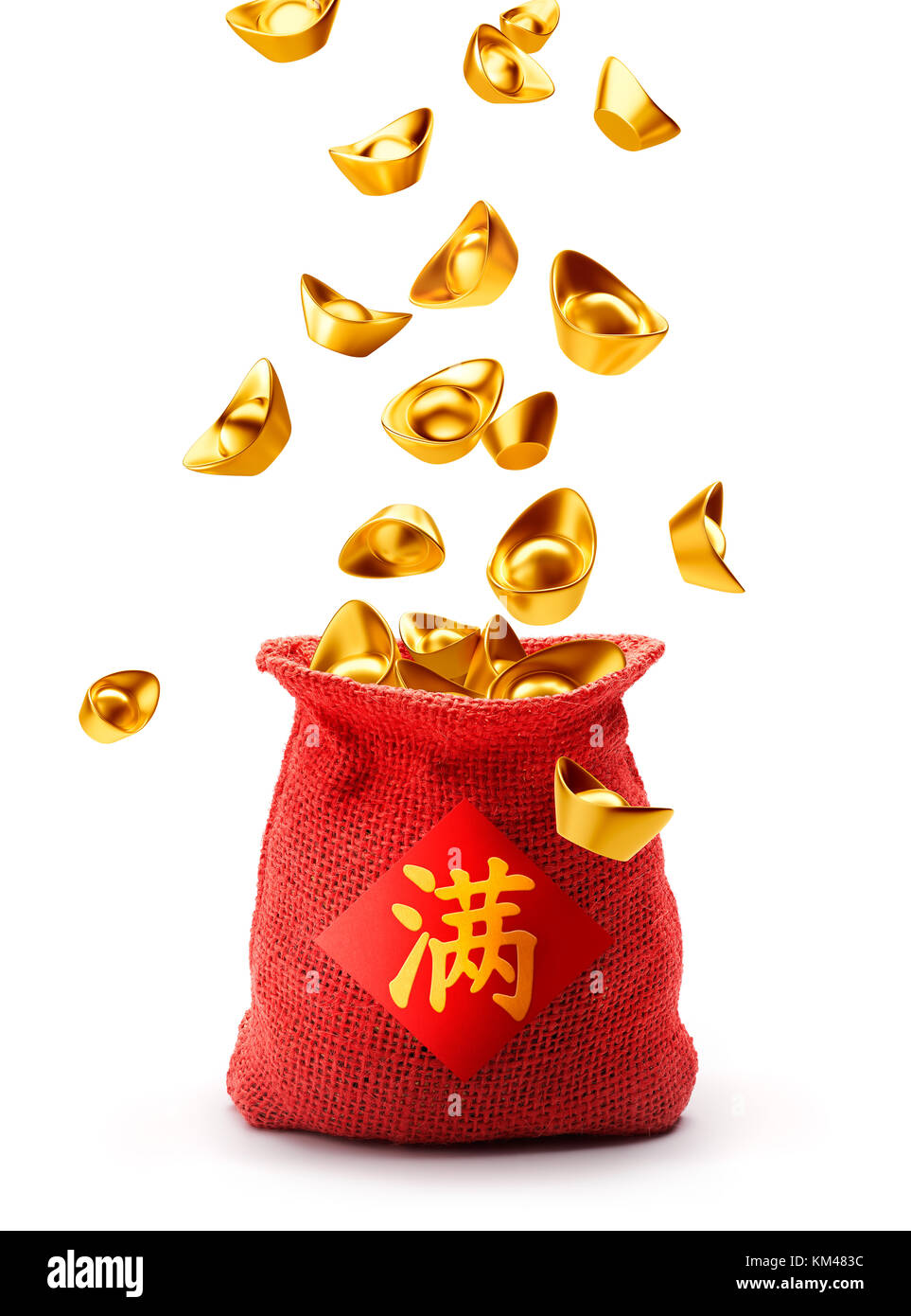 Burlap sack full with chinese gold isolated on white background ...