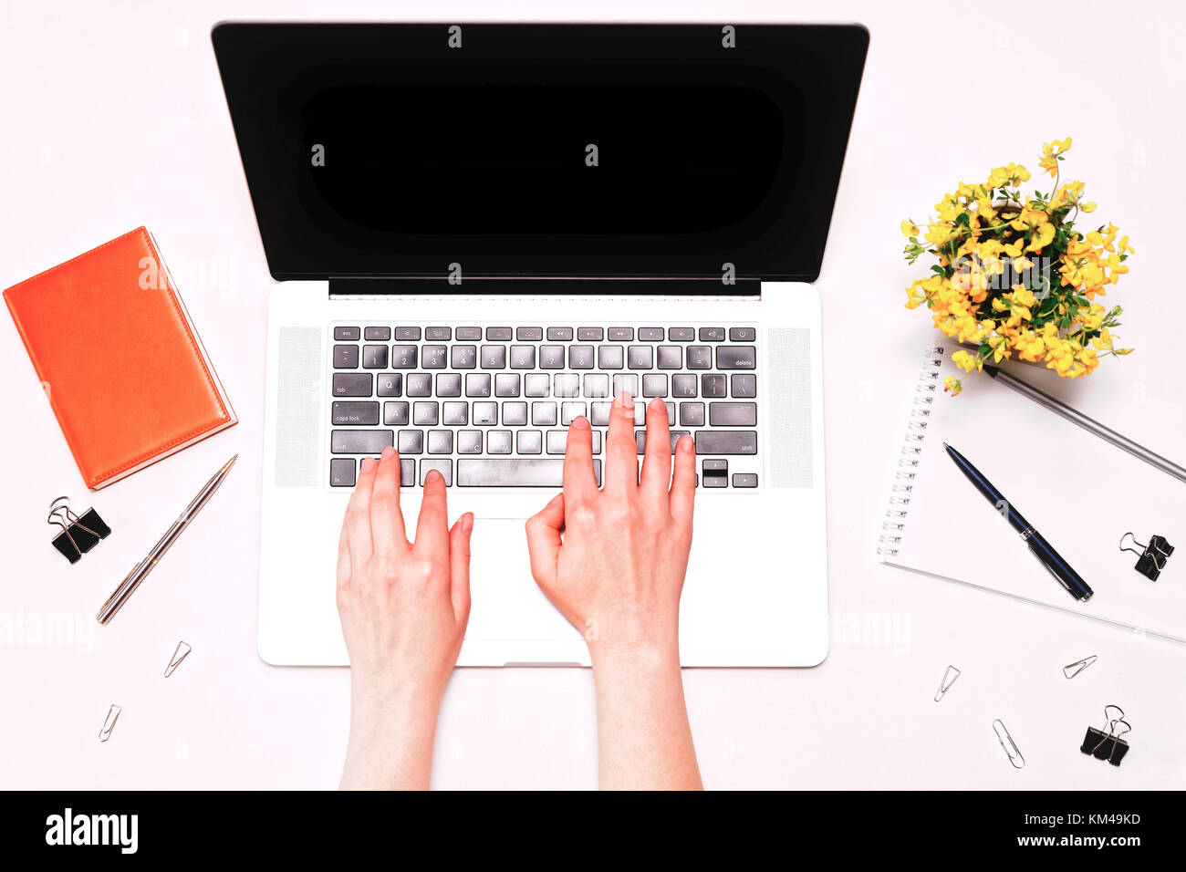 Workspace with female hands working on laptop keyboard, diary and ...