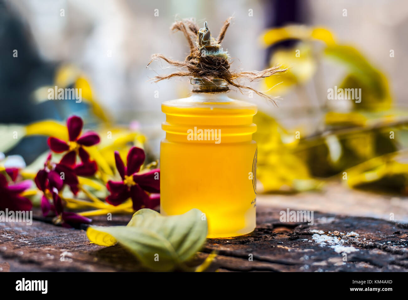 Combretum indicum,Rangoon creeper's oil in a glass bottle on rustic ...