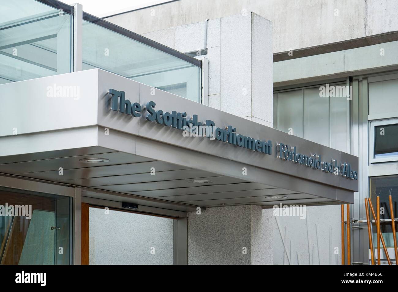 UK: Sign at main Entrance of the Scottish Parliament Building in ...