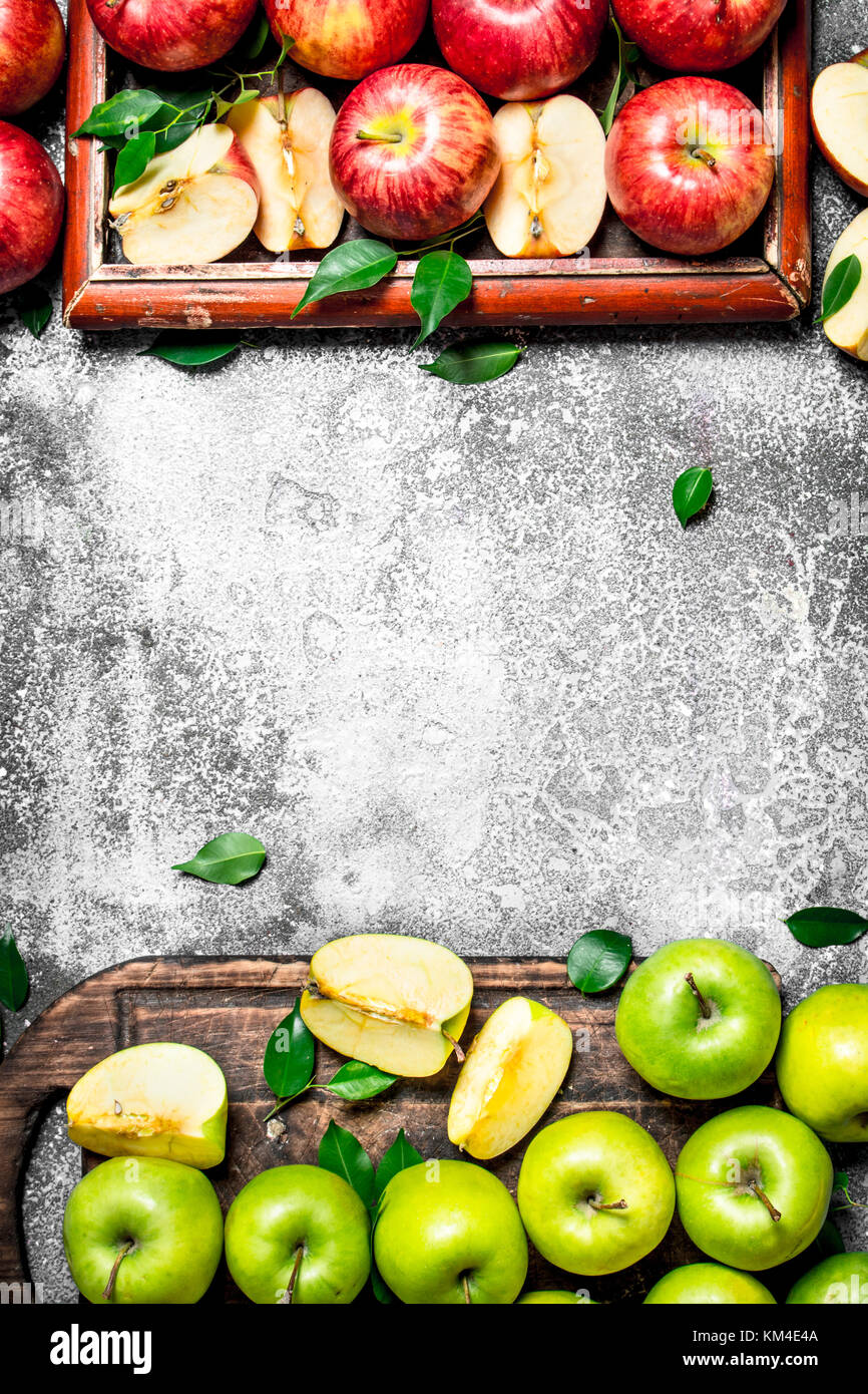 Fresh apples on the old tray. On rustic background Stock Photo - Alamy
