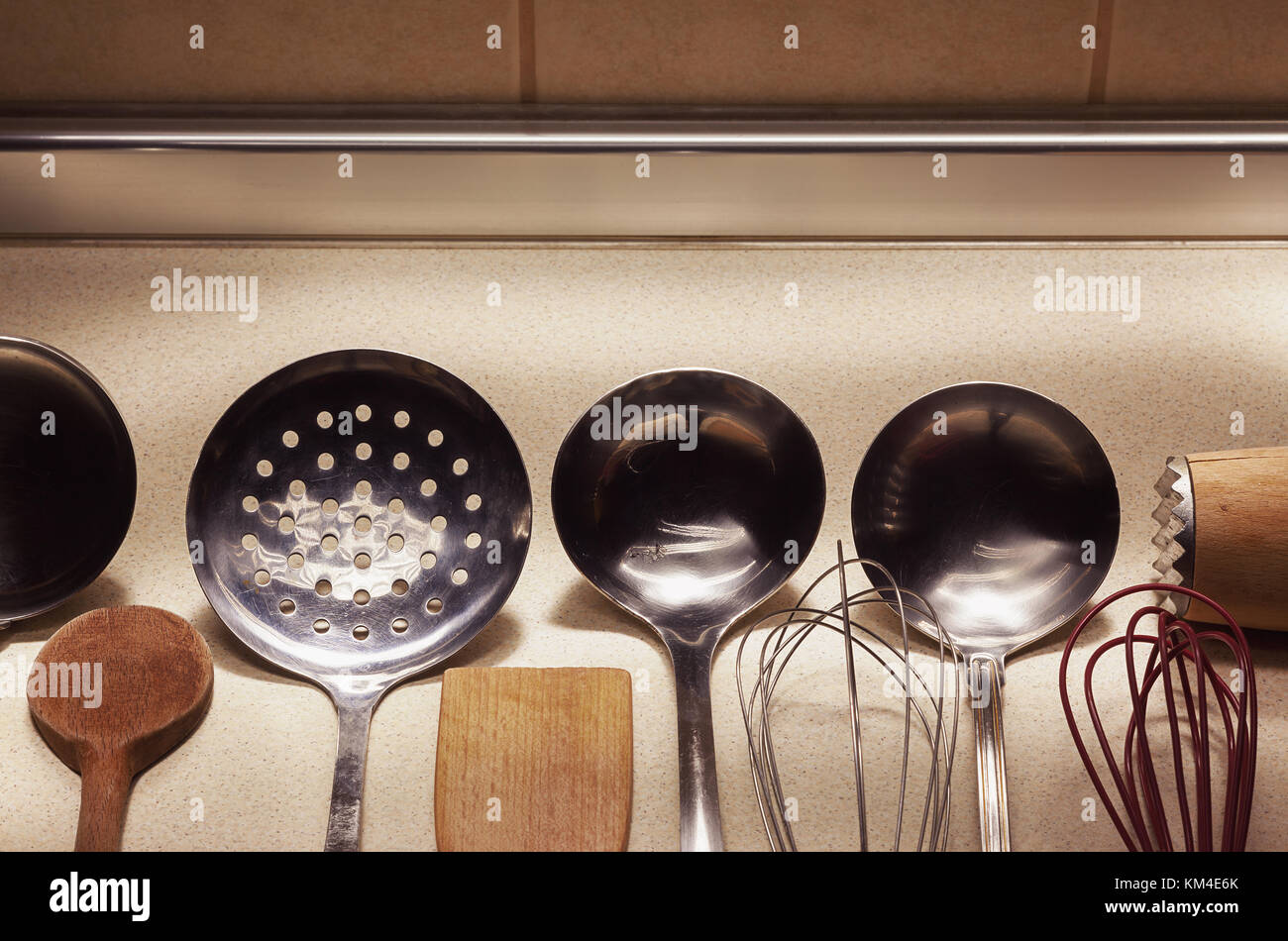 Various kitchen utensils for preparing food, closeup view Stock Photo ...