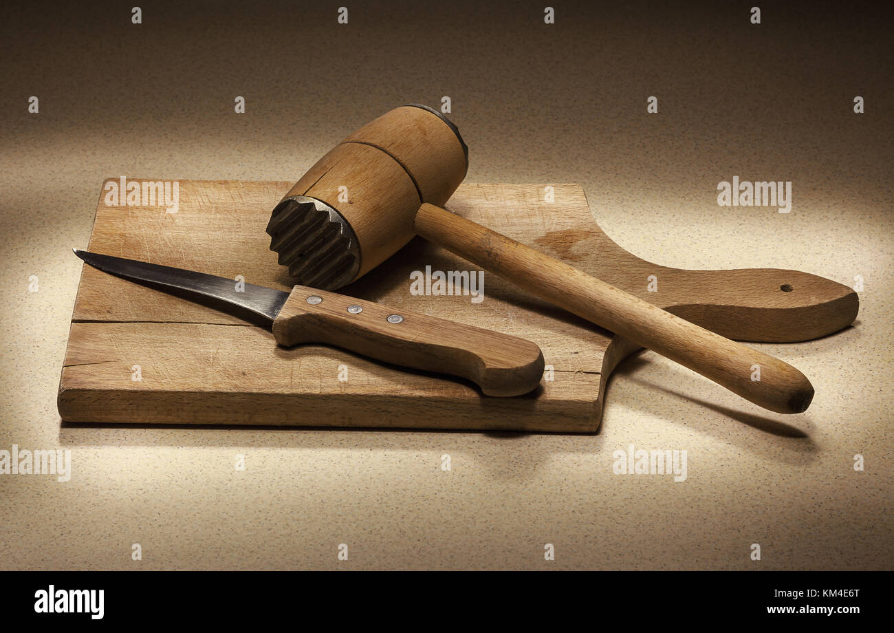 Closeup view of wooden utensils for preparing meat Stock Photo - Alamy