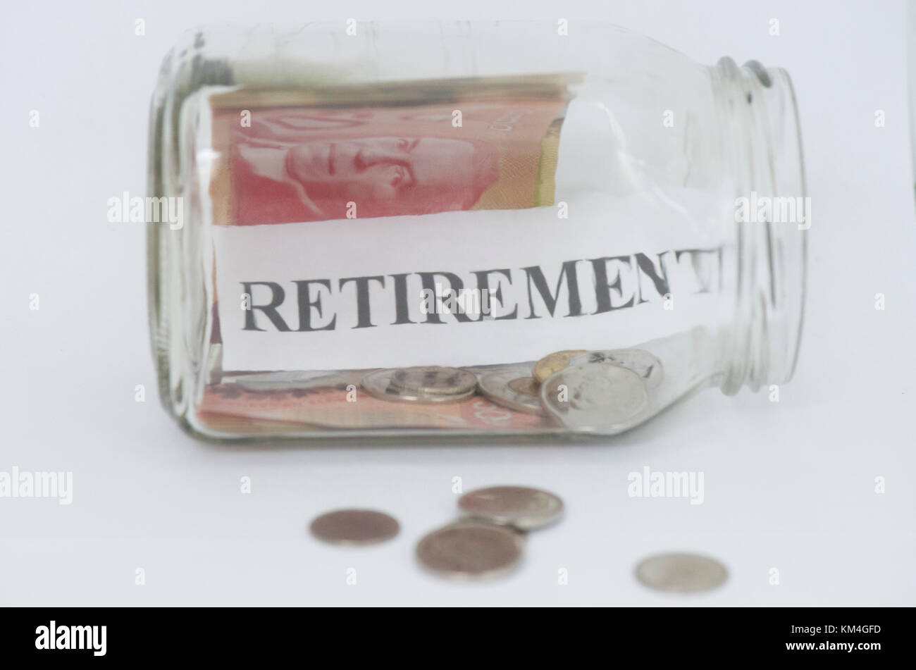 The word retirement is shown in a mason jar with Canadian coins and a ...