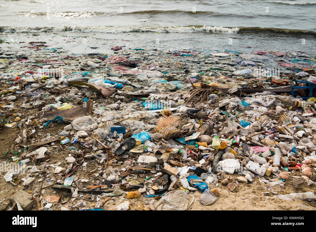 Polluted beach in a fishing village in Vietnam, environmental pollution ...