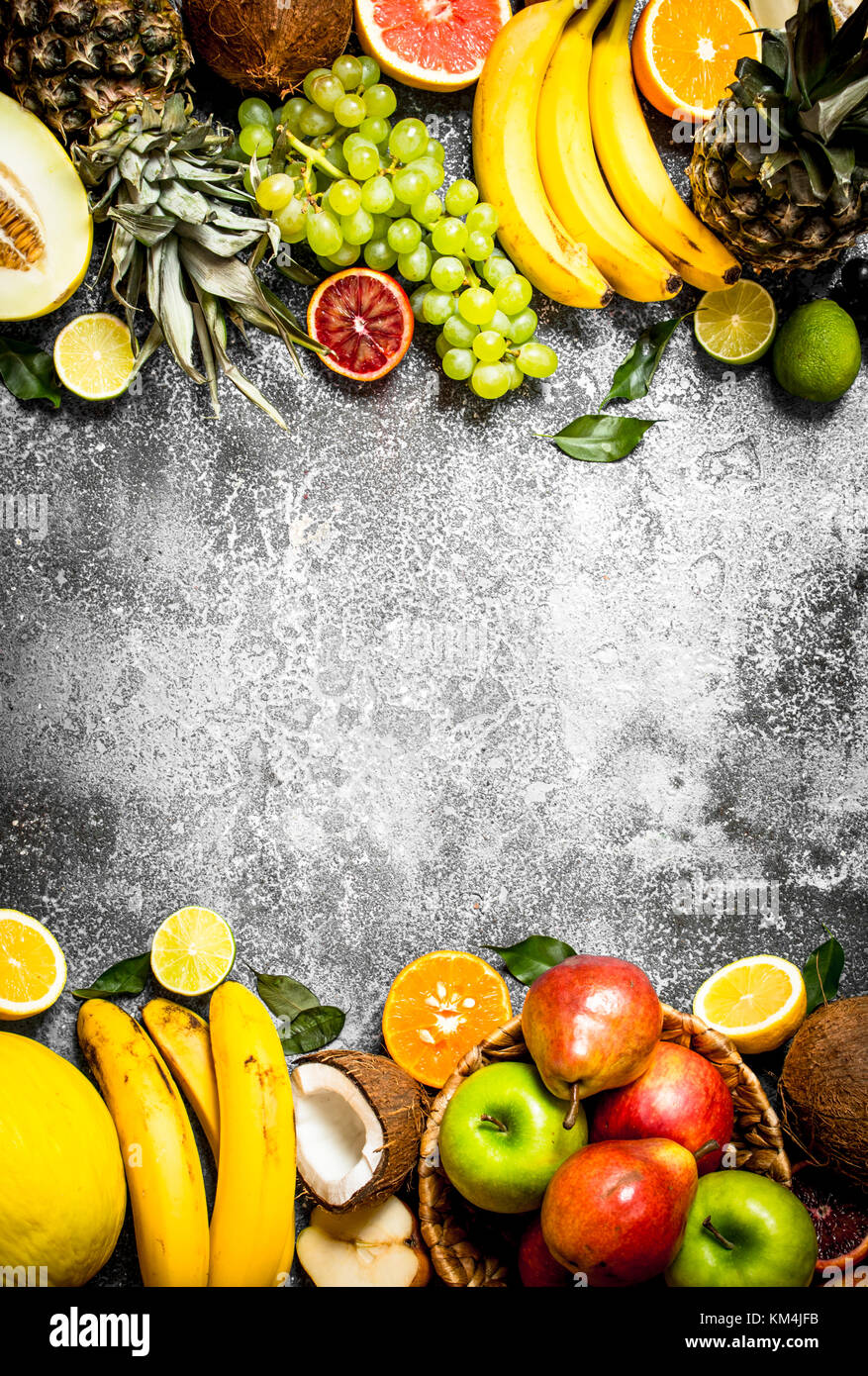 Frame from fresh fruits. On rustic background Stock Photo - Alamy