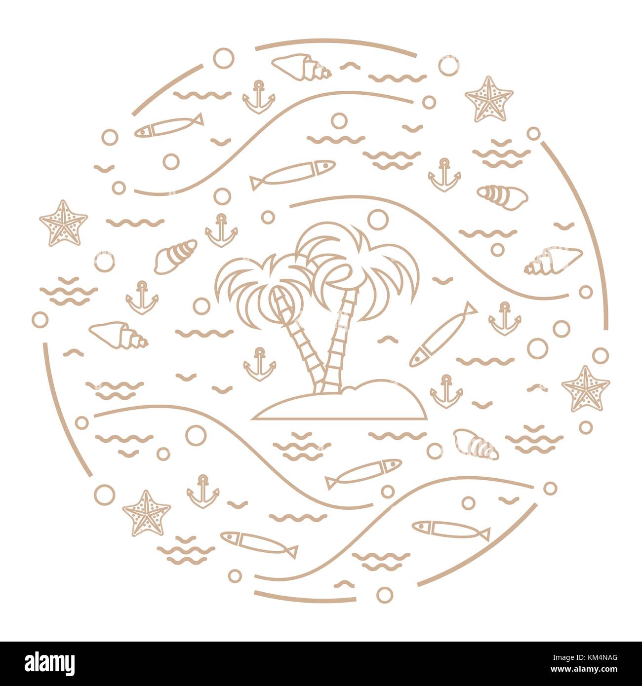 Cute vector illustration with fish, island with palm trees, anchor ...