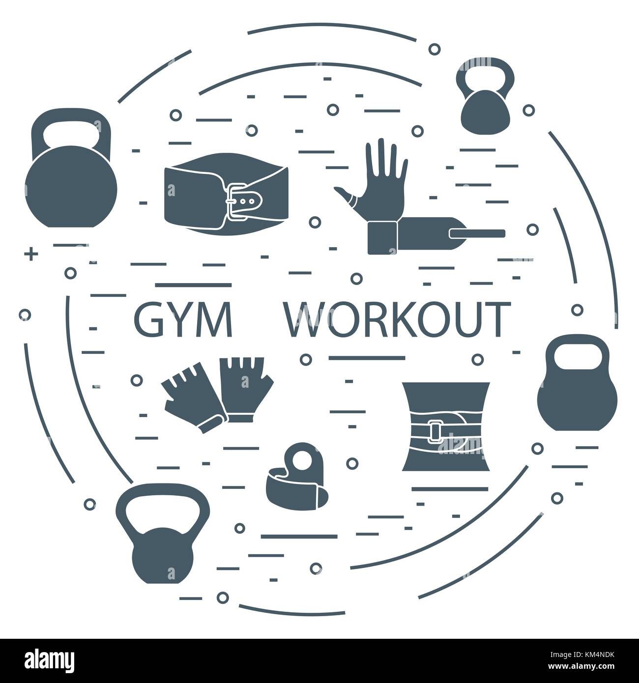 Powerlifting gym workout elements arranged in a circle. Healthy ...