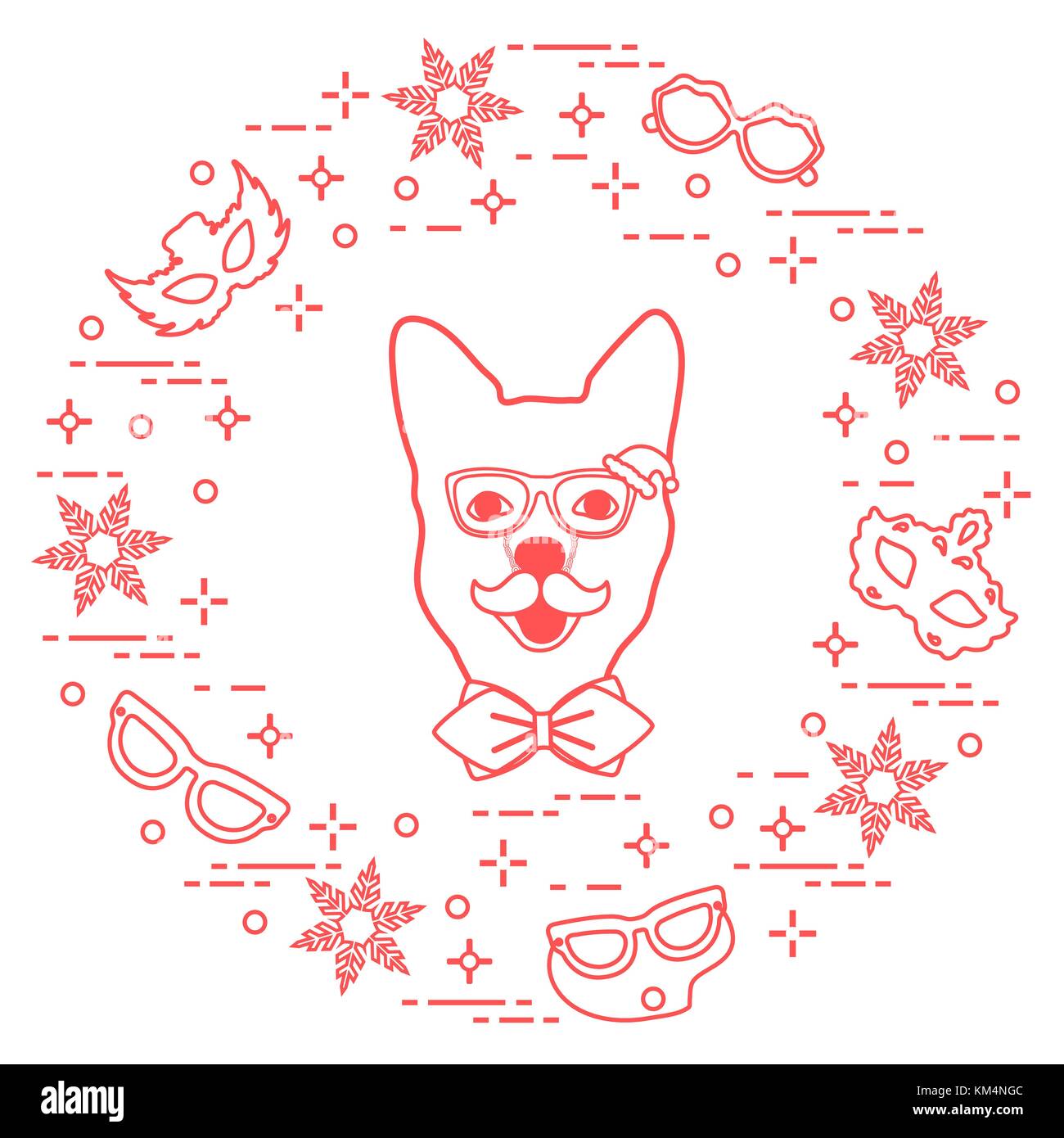 Muzzle of dog in carnival costume, masks, snowflakes, glasses, mustache ...