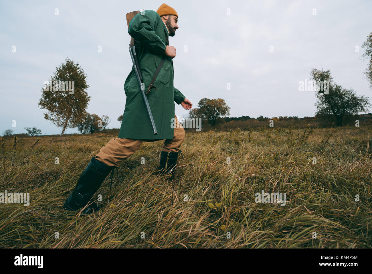 hunter going with gun in field Stock Photo - Alamy