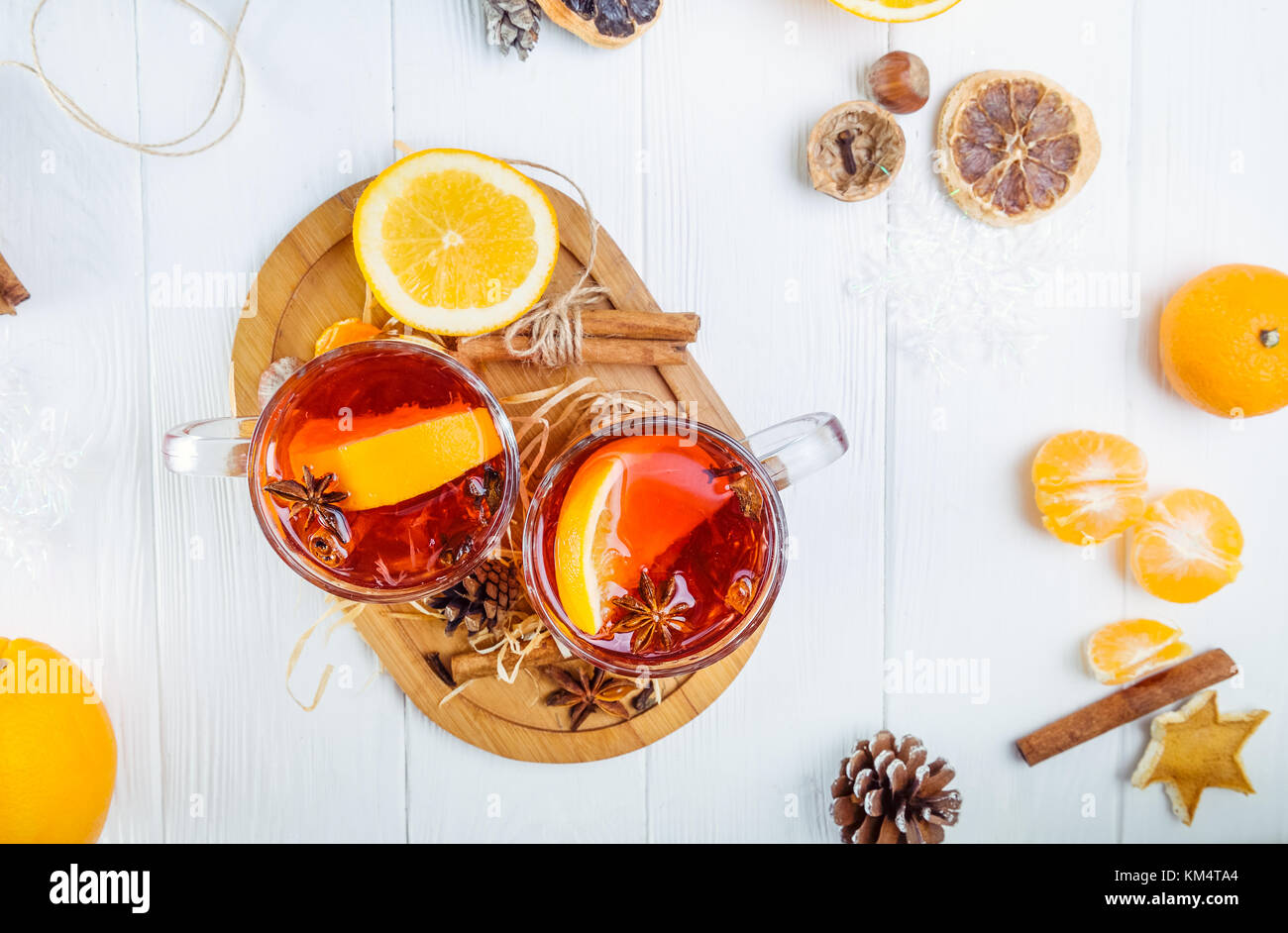 Top view Mulled wine, Hot winter drink with berries, orange,spices ...