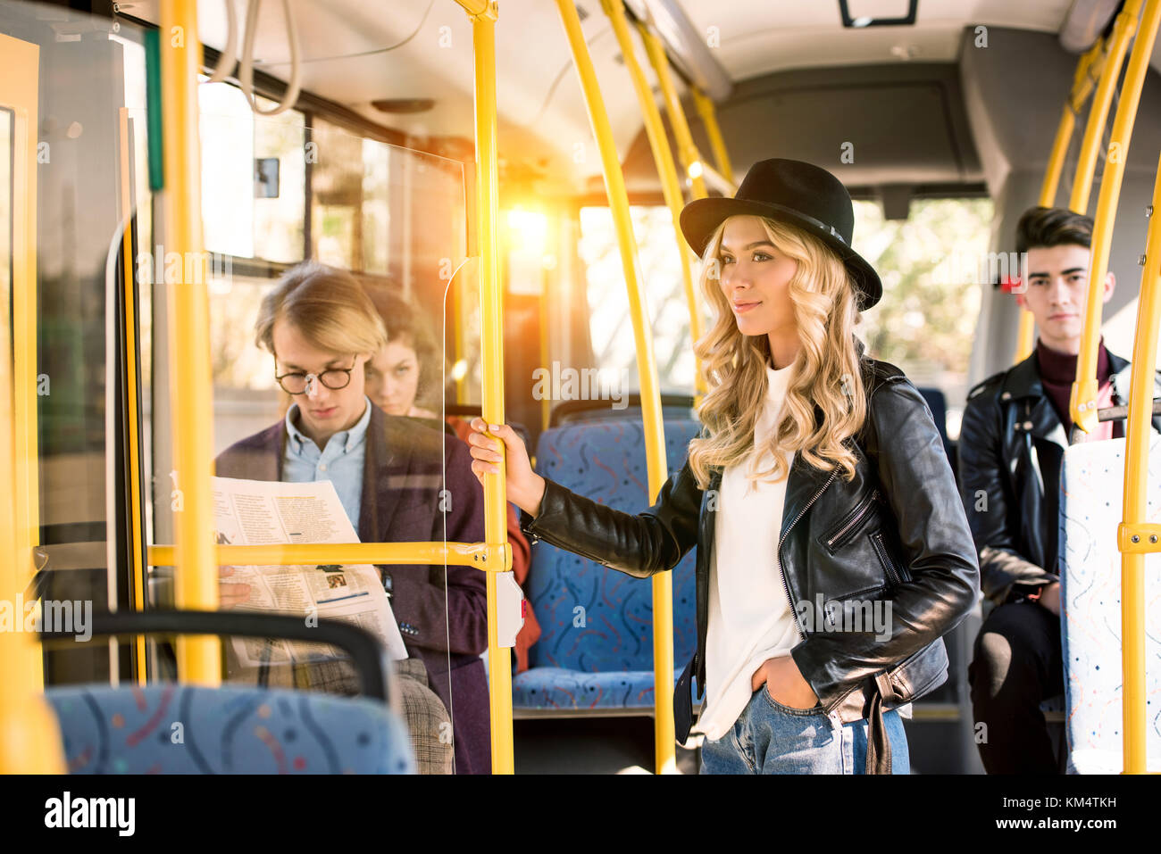stylish girl in bus Stock Photo - Alamy