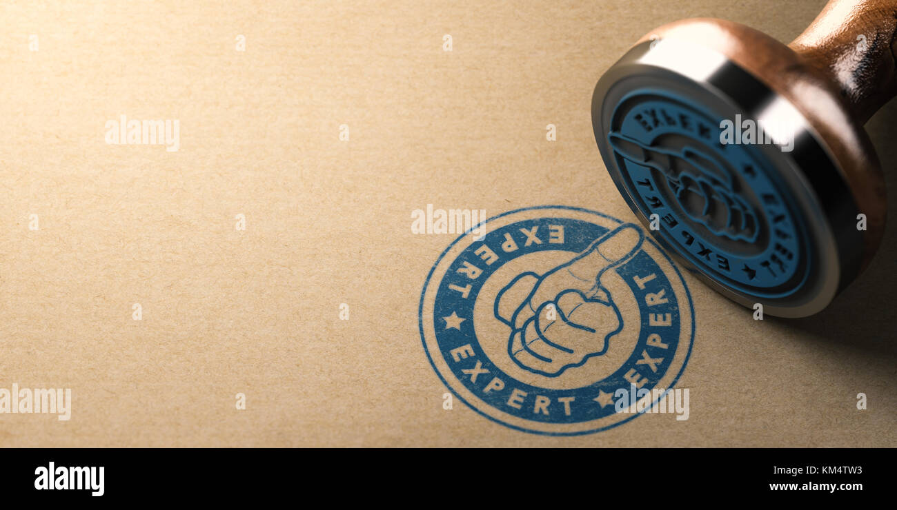 3D illustration of rubber stamp with the text expert and hand with ...