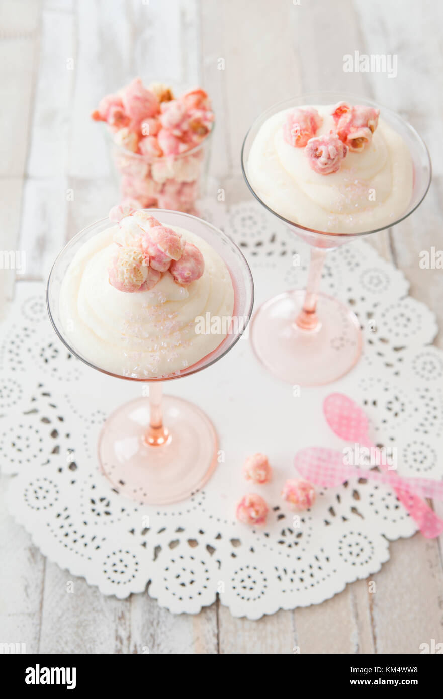 Raspberry panna cotta with a white mousse au chocolat and pink popcorn ...