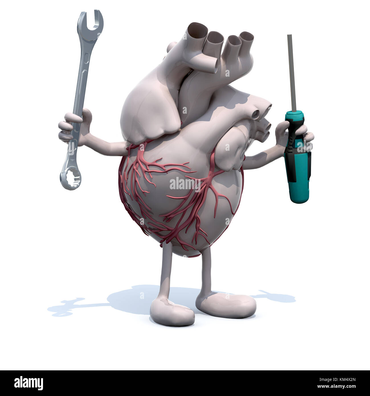 human heart with arms, legs, face and tools on hands, 3d illustration ...