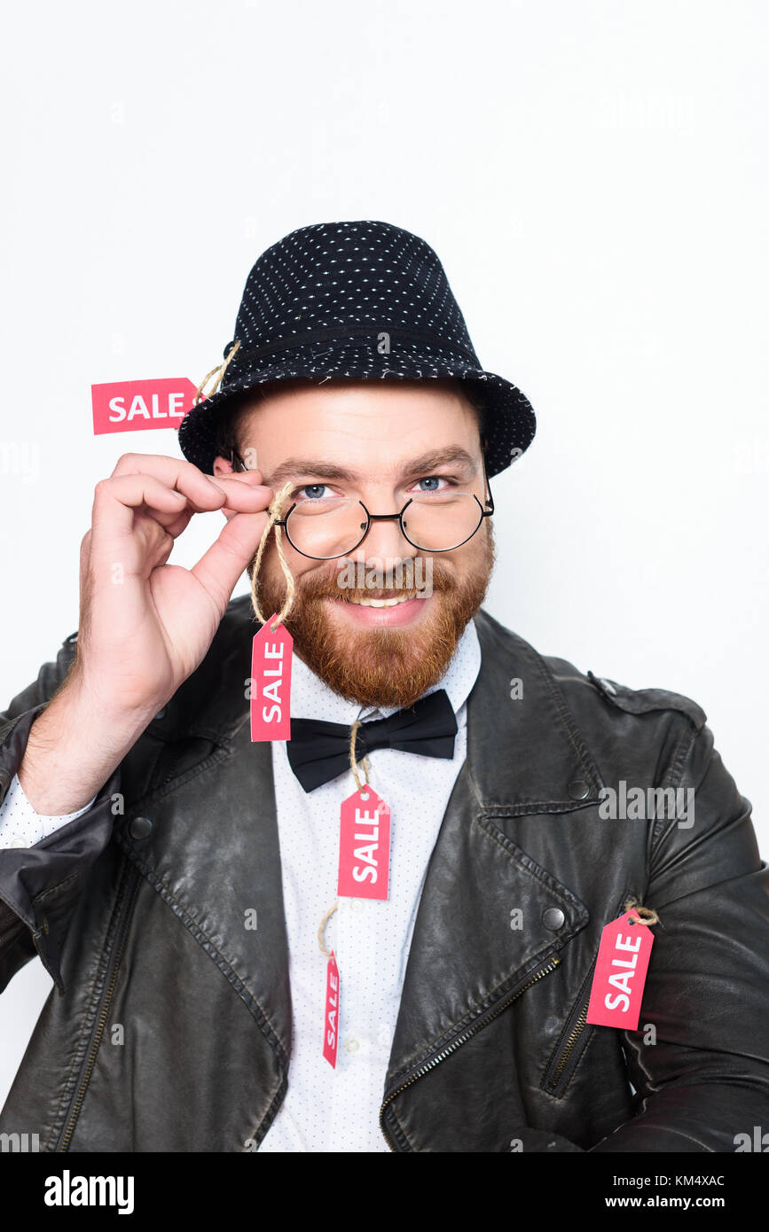 man with sale tags Stock Photo - Alamy