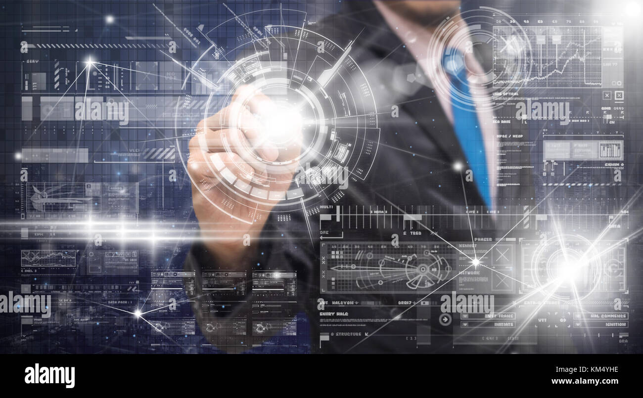 Asian Businessman writing the technology digital virtual screen over ...