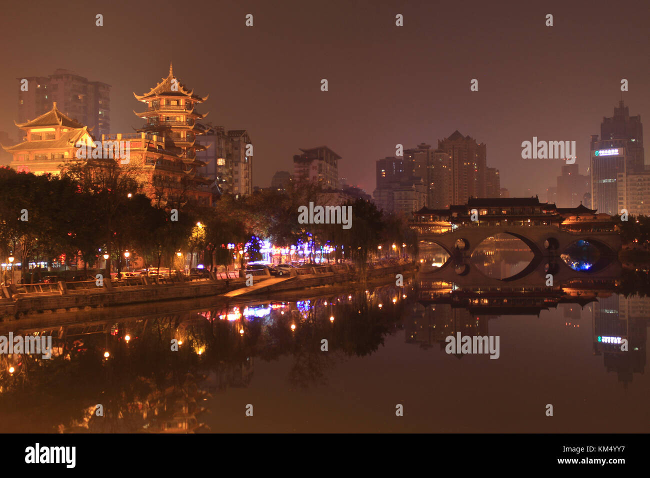 A Skyline Photo of Chendu from the River at Night, With City LIghts ...