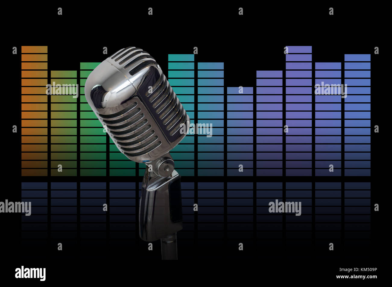 Retro microphone over the sound waves equalizer background, musical ...