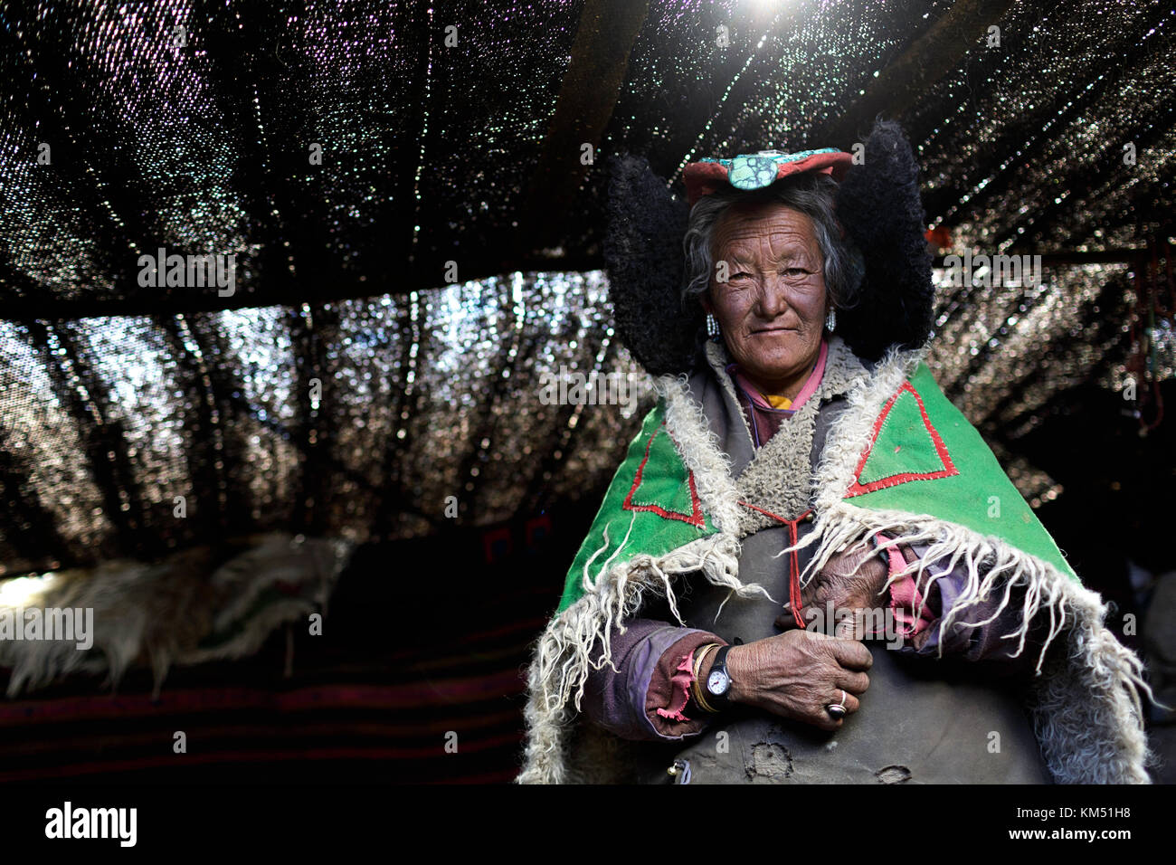 Portrait of a woman from changpa nomads in her traditional dress in her ...