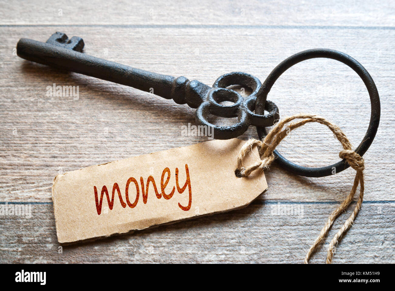 Keys to Money - Concept photo. Old key with paper label on wooden ...