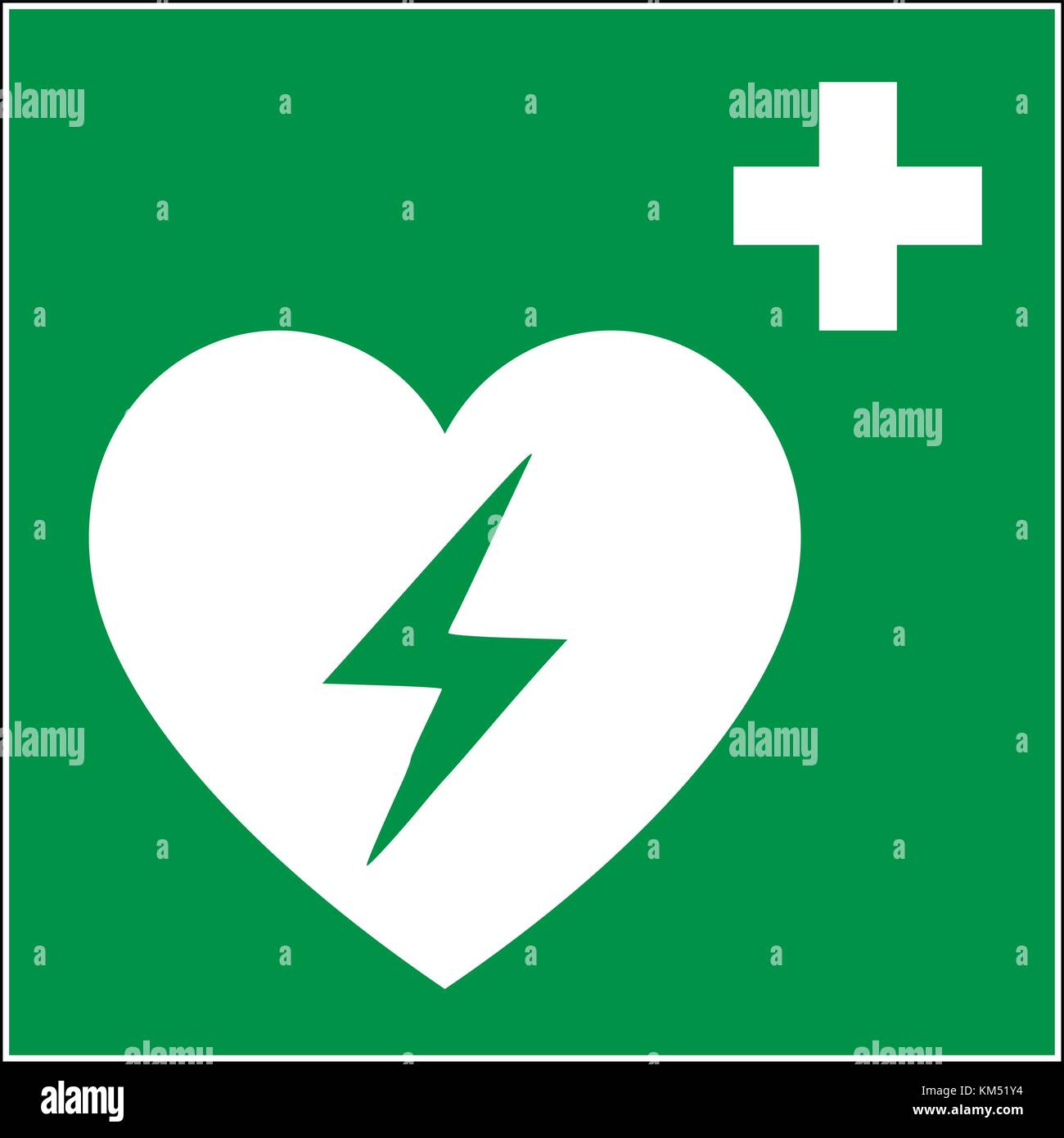 Emergency first aid defibrillator sign. White heart icon and white ...