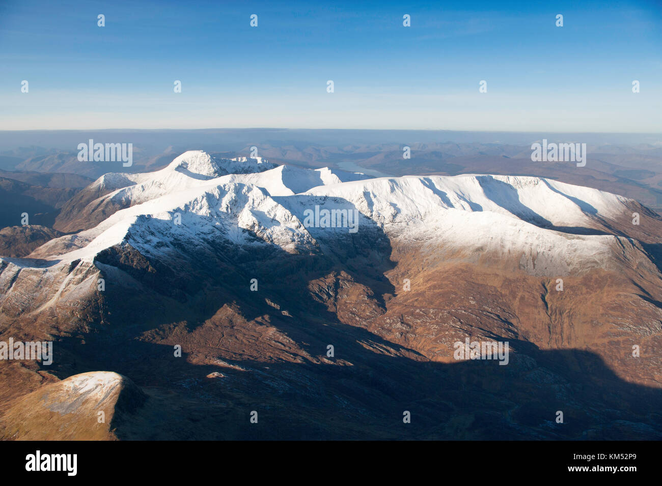 An aerial view of Nevis Range in Winter clearly showing the summits of ...