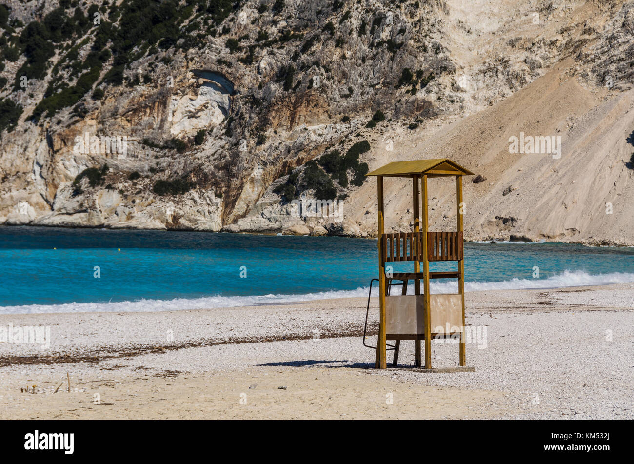 Close-up of lifeguard box turques water and mountain background in ...