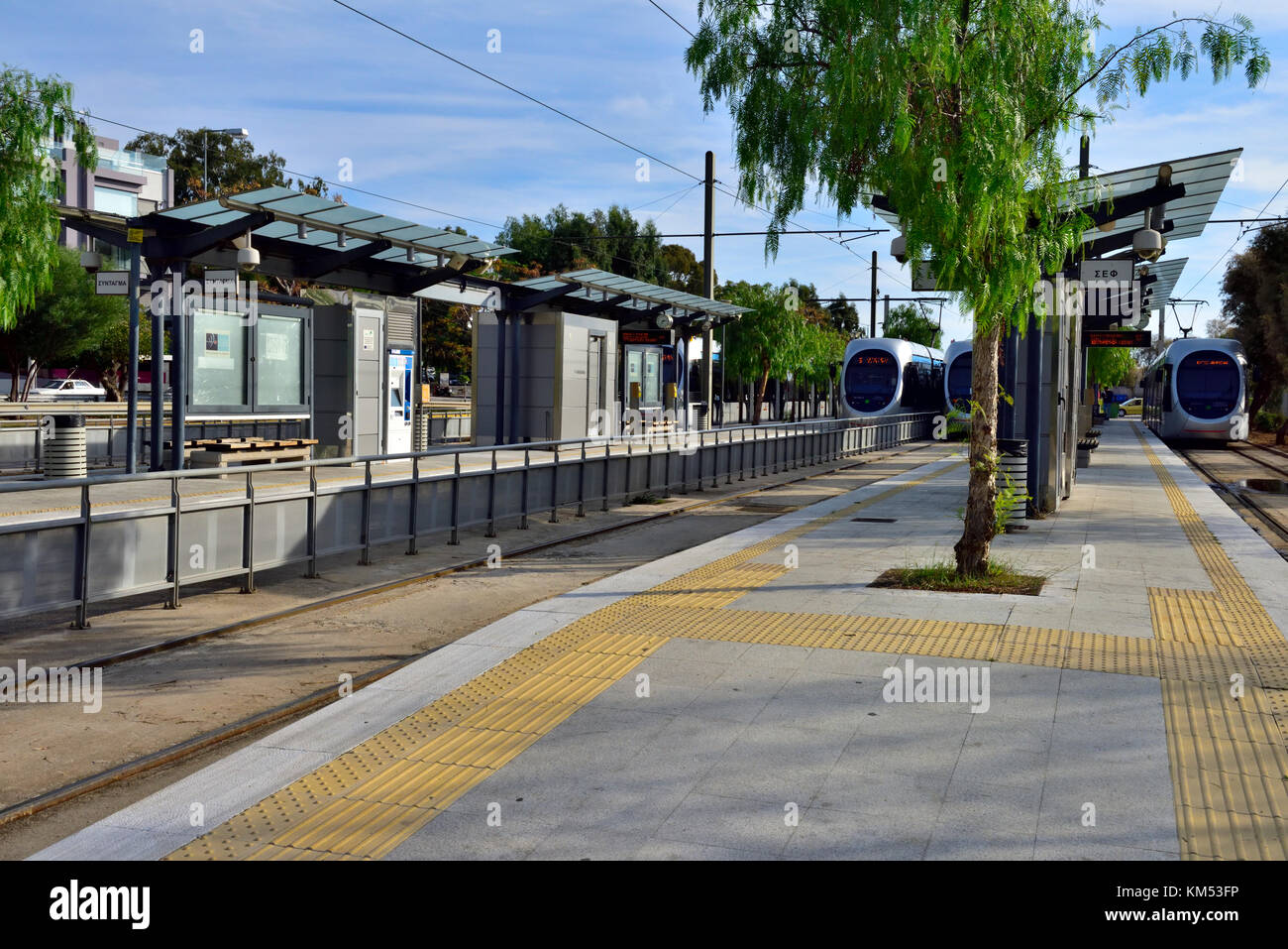 Athens tram station along coast at Asklipiio Voulas with 3 lines ...