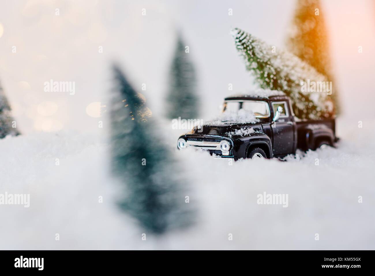 Black miniature car carrying Christmas tree. Christmas card Stock Photo ...