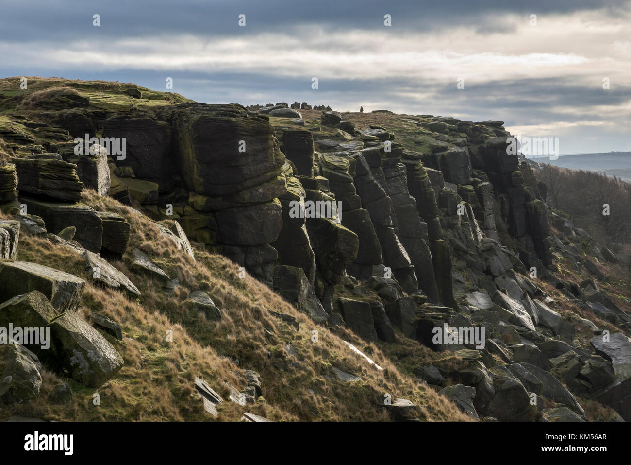 Moody winter conditions at Stanage edge in the Peak District national ...