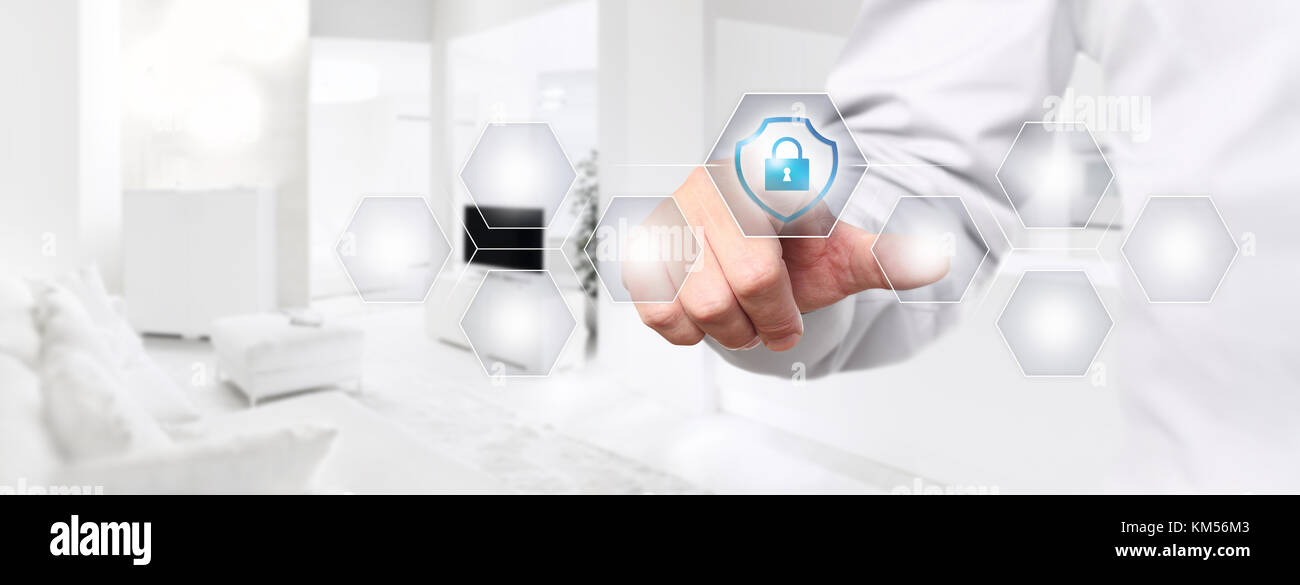 smart home automation hand touch screen with shield and padlock symbols ...