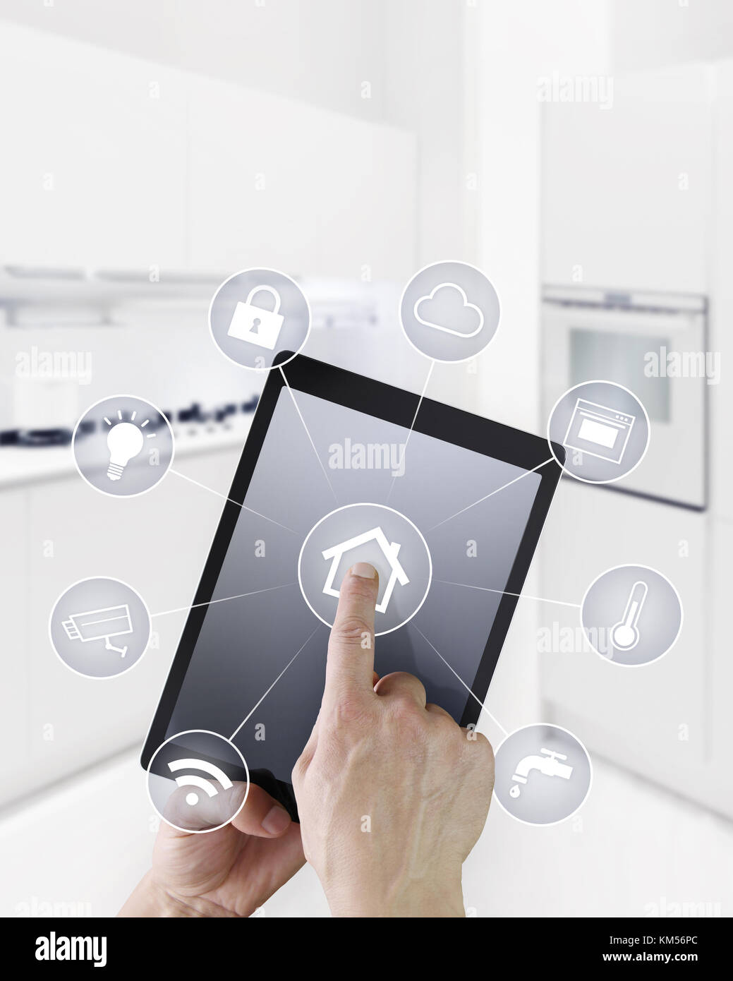 home automation hand touch screen digital tablet with symbols on ...