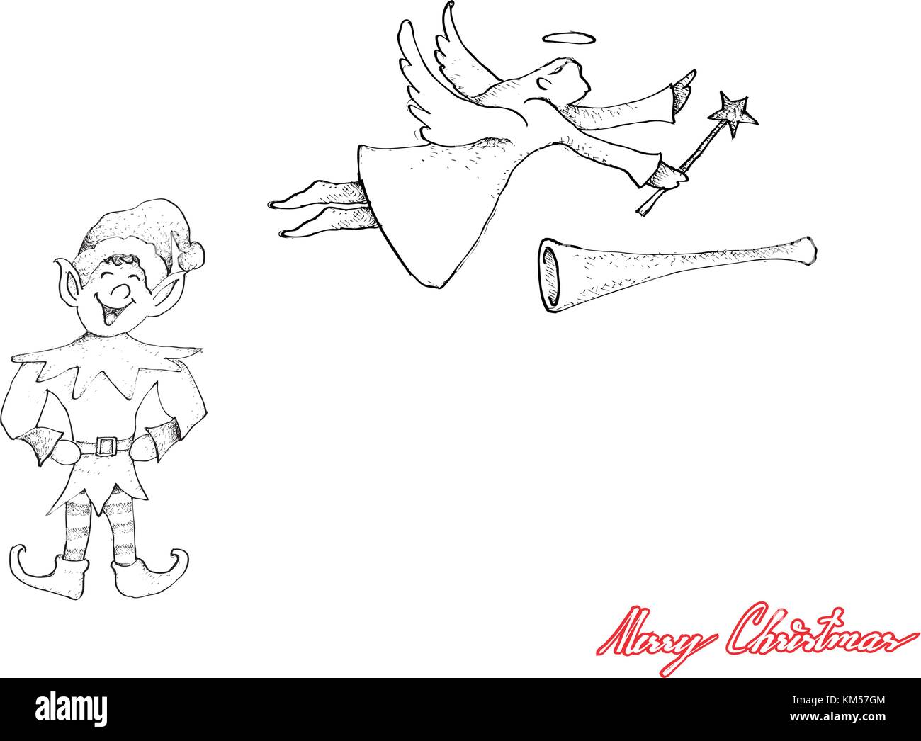 Illustration Hand Drawn Sketch of Cute Angel with Trumpet and Elf for ...