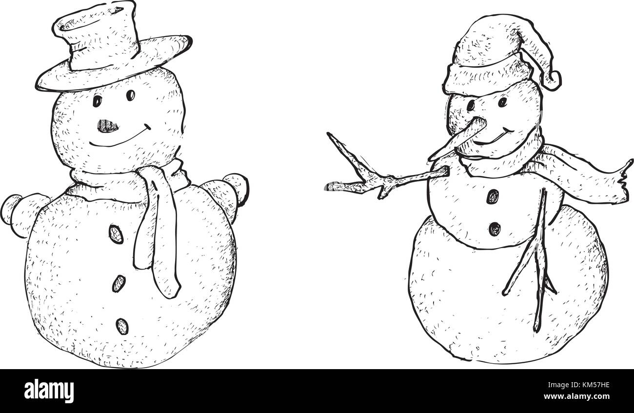 Illustration Hand Drawn Sketch Collection of Two Cute Classic Snowman ...