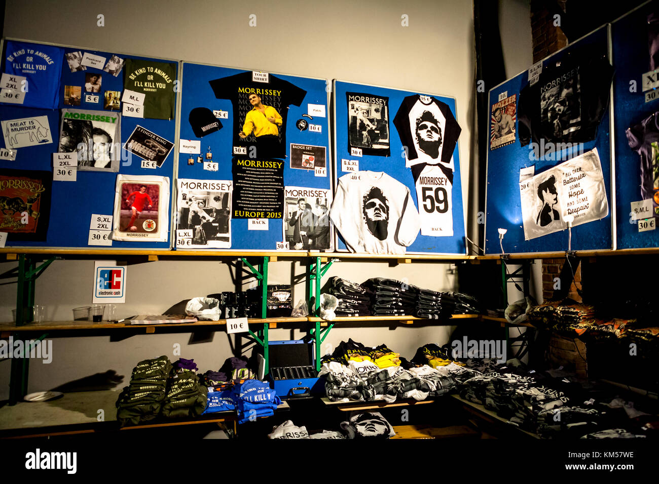 A stand full of Morrissey merchandise and fan gear ready to be sold to ...
