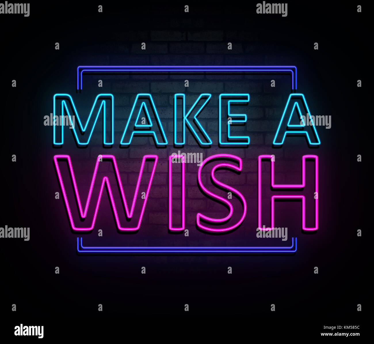 3d Illustration depicting an illuminated neon sign with a make a wish ...