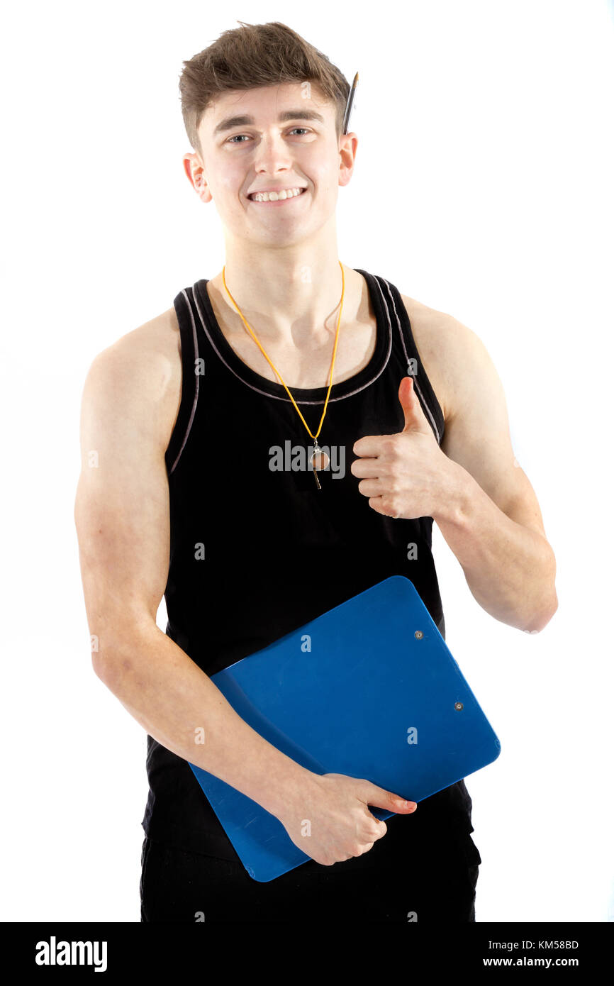 Teenage personal trainer giving positive gestures isolated on white ...