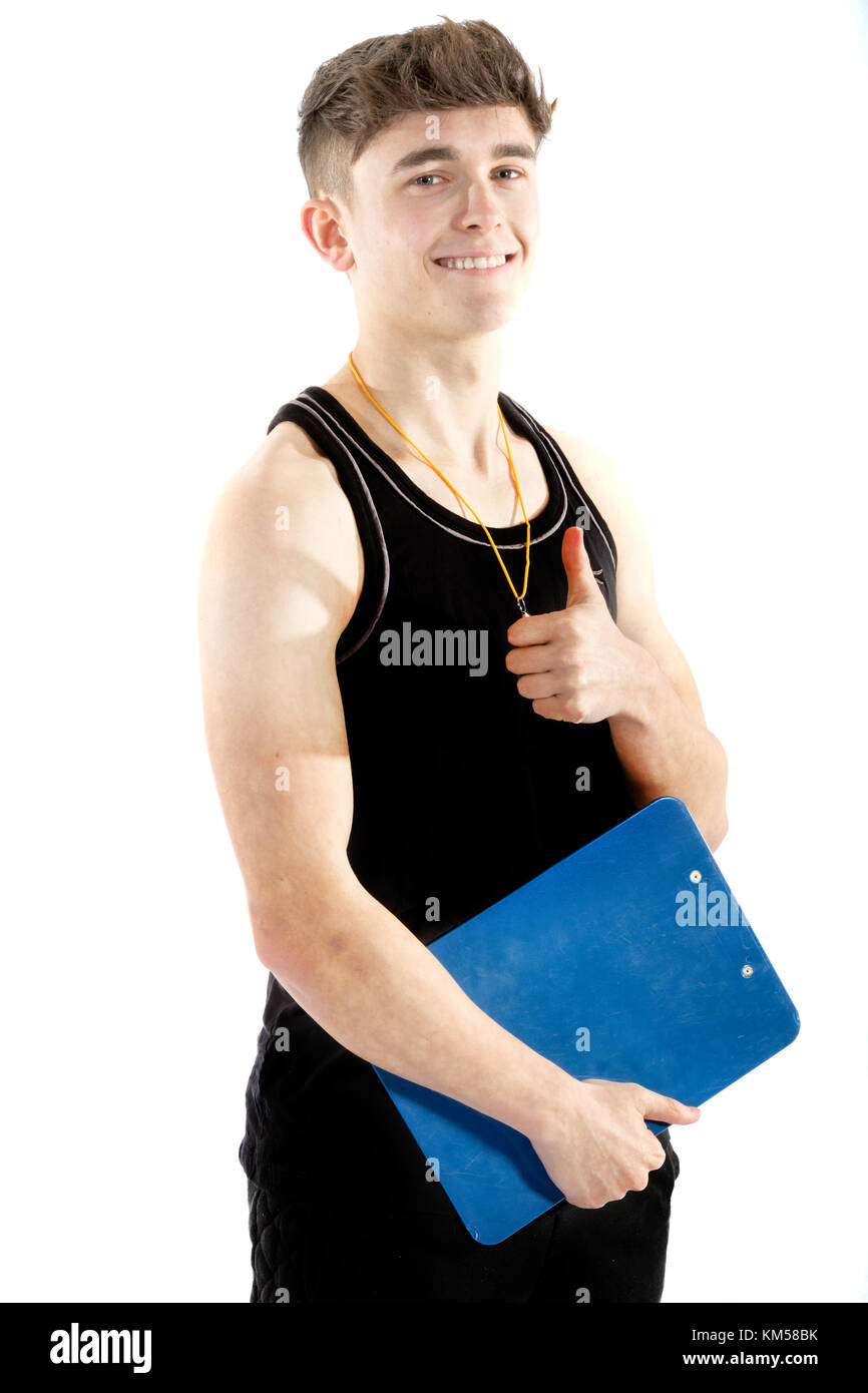 Teenage personal trainer giving positive gestures isolated on white ...