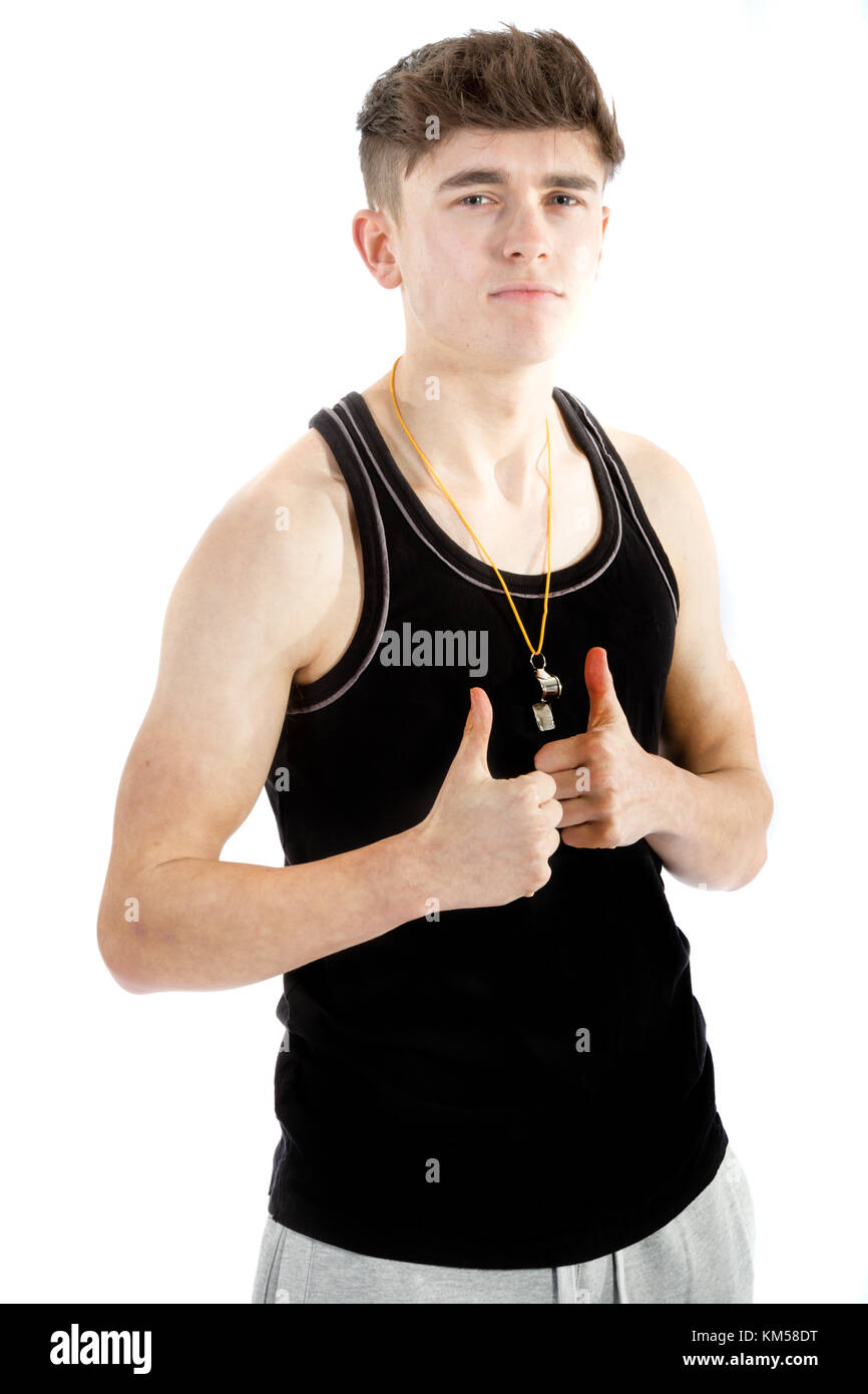 Teenage personal trainer giving positive gestures isolated on white ...