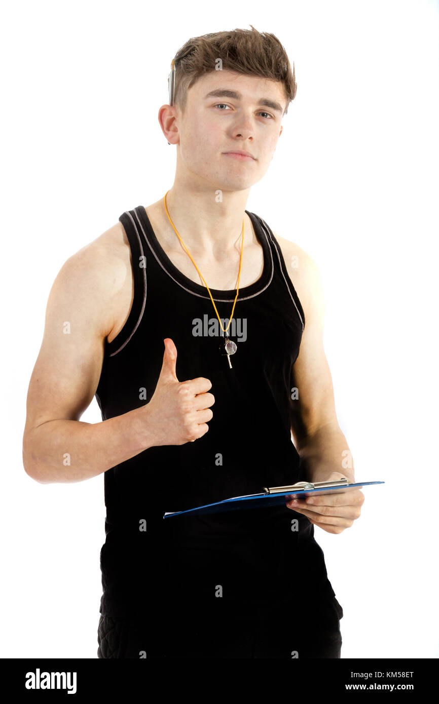 Teenage personal trainer giving positive gestures isolated on white ...